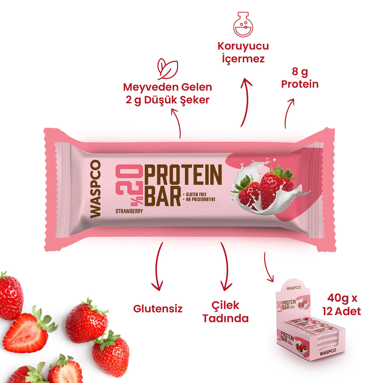 Çilekli Protein Bar Paketi 40g x 12 Adet (%25 Protein) – WASPCO